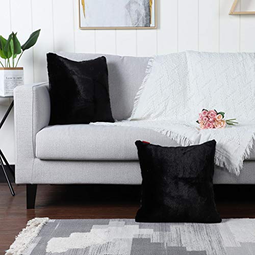 MANDIOO Pack of 2 Black Faux Fur Fuzzy Cozy Soft Decorative Throw Pillow Covers Set Cushion Cases Pillowcases for Sofa Bedroom Car 16x16 Inches