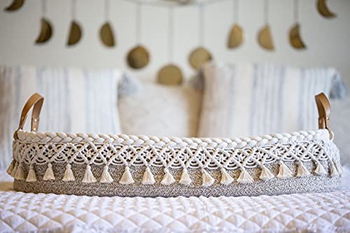 Aumterra Baby Changing Basket with Pad and Safety Straps - Luxury Macrame Design/Baby Moses Baskets/Boho Baby Decor/Baby Shower Gifts/Includes Diaper Caddy, Carry Bag and Waterproof Pad