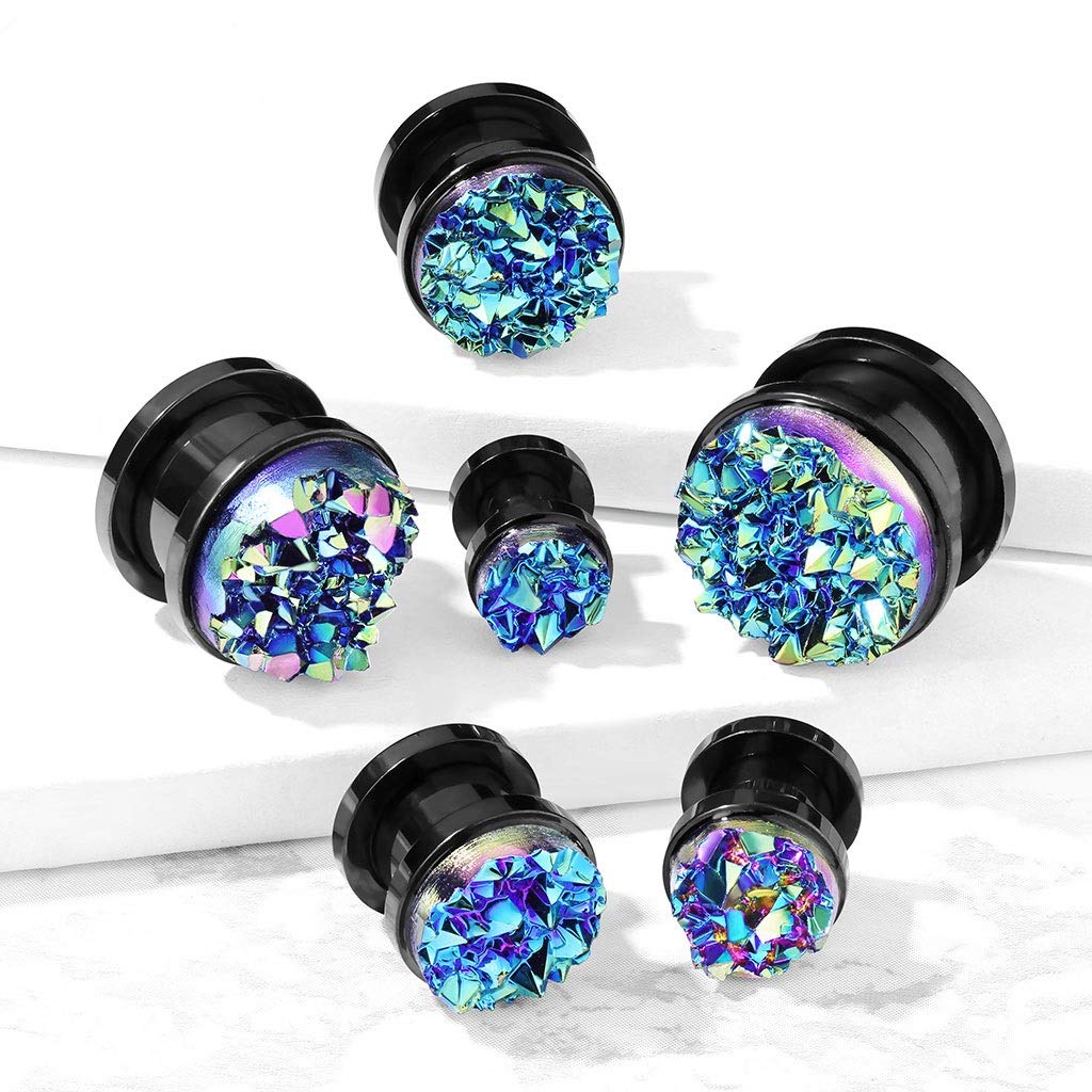 2 Pair Faux Druzy Stone Steel Ear Plugs Screw Fit Tunnels (2 Gauge (6mm))
