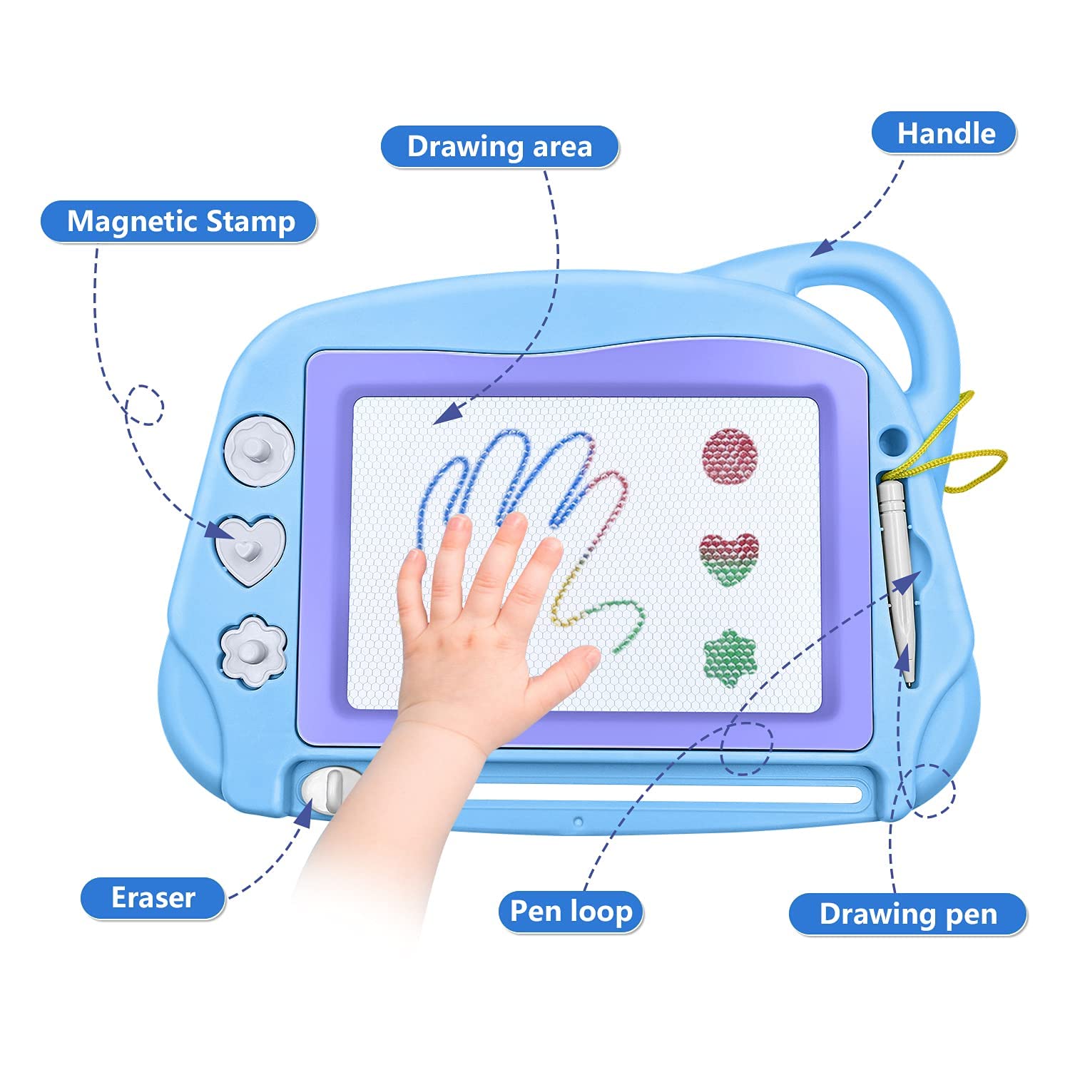 AiTuiTui Magnetic Drawing Board Mini Travel Doodle, Erasable Writing Sketch Colorful Pad Area Educational Learning Toy for Kid/Toddlers/Babies with 3 Stamps and 1 Pen (Sky Blue)