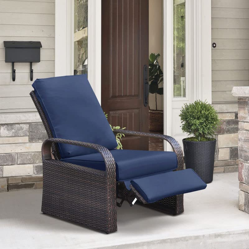 Babylon Dual-use Indoor/Outdoor Wicker Adjustable Recliner Chair, Patio Relaxing Lounge Rattan Armchair with Cushions (Brown Wicker+Navy Blue Cushion)