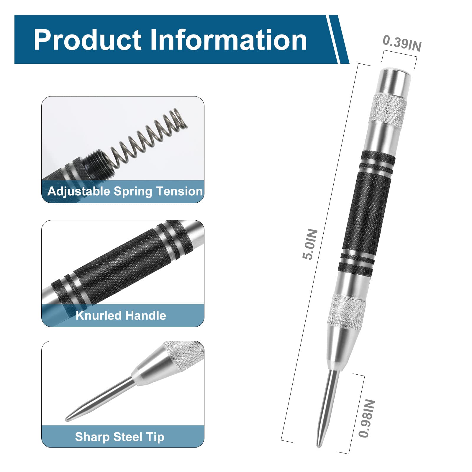 2Pcs Heavy Duty Automatic Center Punch, 5'' Premium Steel Spring Loaded Center Hole Punch, Adjustable Spring Impact Center Marker Scriber Tool for Metel, Plastics, Wood, Glass by karmiero