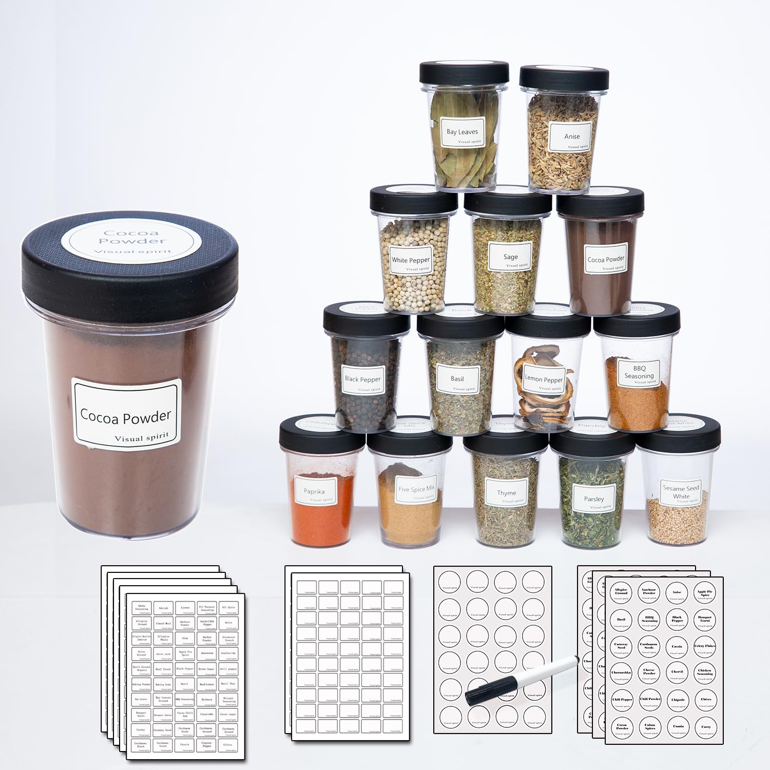 14 PCS Spice Jars storage containers,6 oz, heavy calibre Jars NOT NEED Collapsible Funnel, with Lids Spice Labels Stickers,PETG materials, (black)