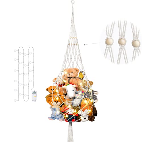 AceList Stuffed Animal Storage with Led Light - Boho Stuffed Animal Hammock Corner Toy Hammock for Stuffed Animals - Macrame Stuffed Animal Net or Hammock for Kids Space Nursery Bedroom Wall Playroom