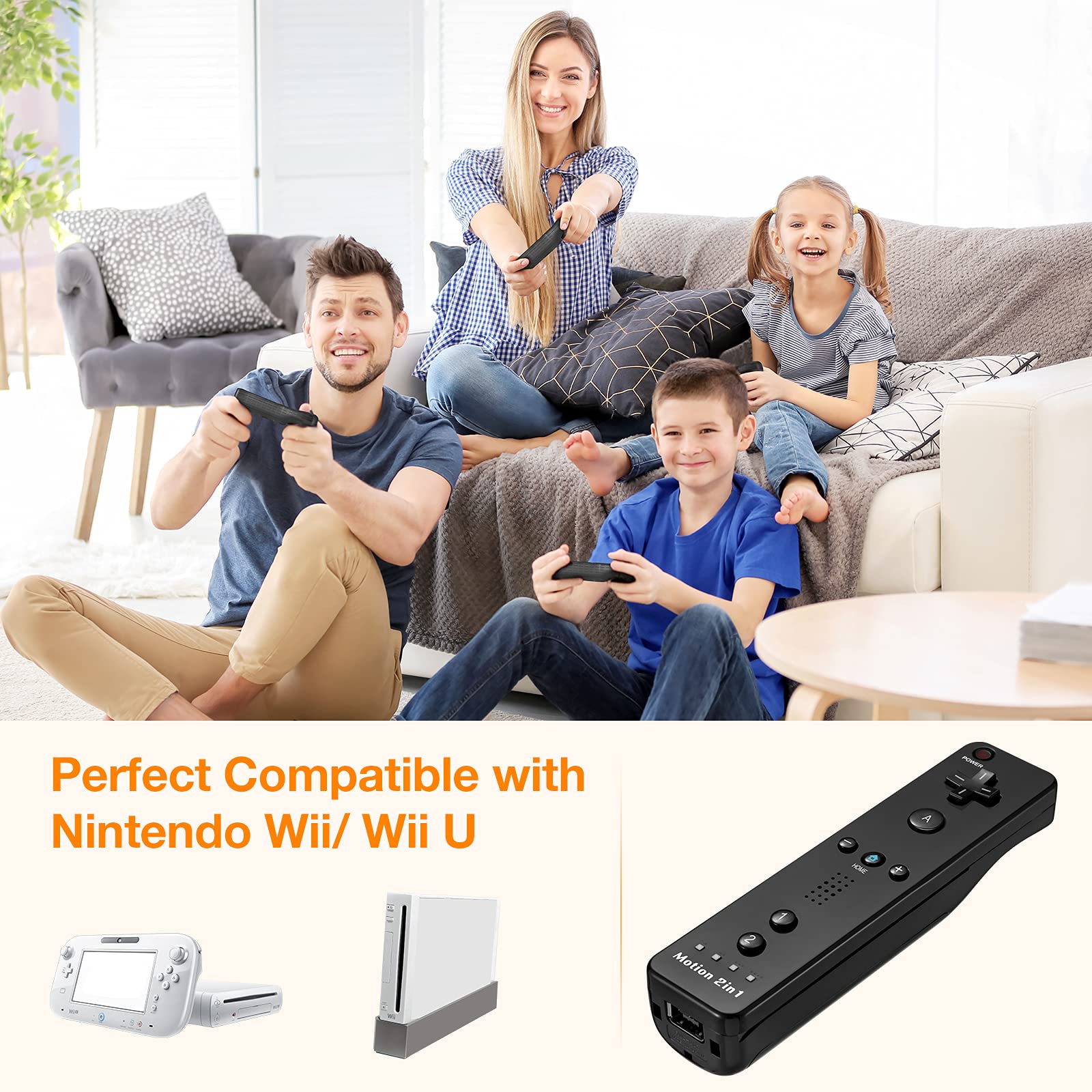 2 Pack Wii Controller, 2 in 1 Wii Remote Controller with Motion Plus for Nintendo Wii and Wii U, Wireless Wii Remote Game Controller with Silicone Case and Wrist Strap (Black)