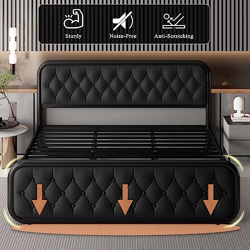 Feonase King Bed Frame with Rhombus Button Tufted, Oval-Shaped Metal Platform Bed with Faux Leather Headboard, Strong Slats Support, 12" Under-Bed Storage, Noise-Free, Easy Assembly, Black