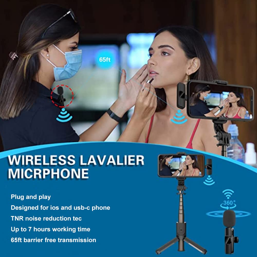 2 Pack Wireless Lavalier Microphone for Phone, Lapel Mics Plug-Play 2.4G Ultra-Low Delay Built-in Noise Reduction Chip 8H Working Time for Video Recording Interview Podcast Vlog YouTube TikTok
