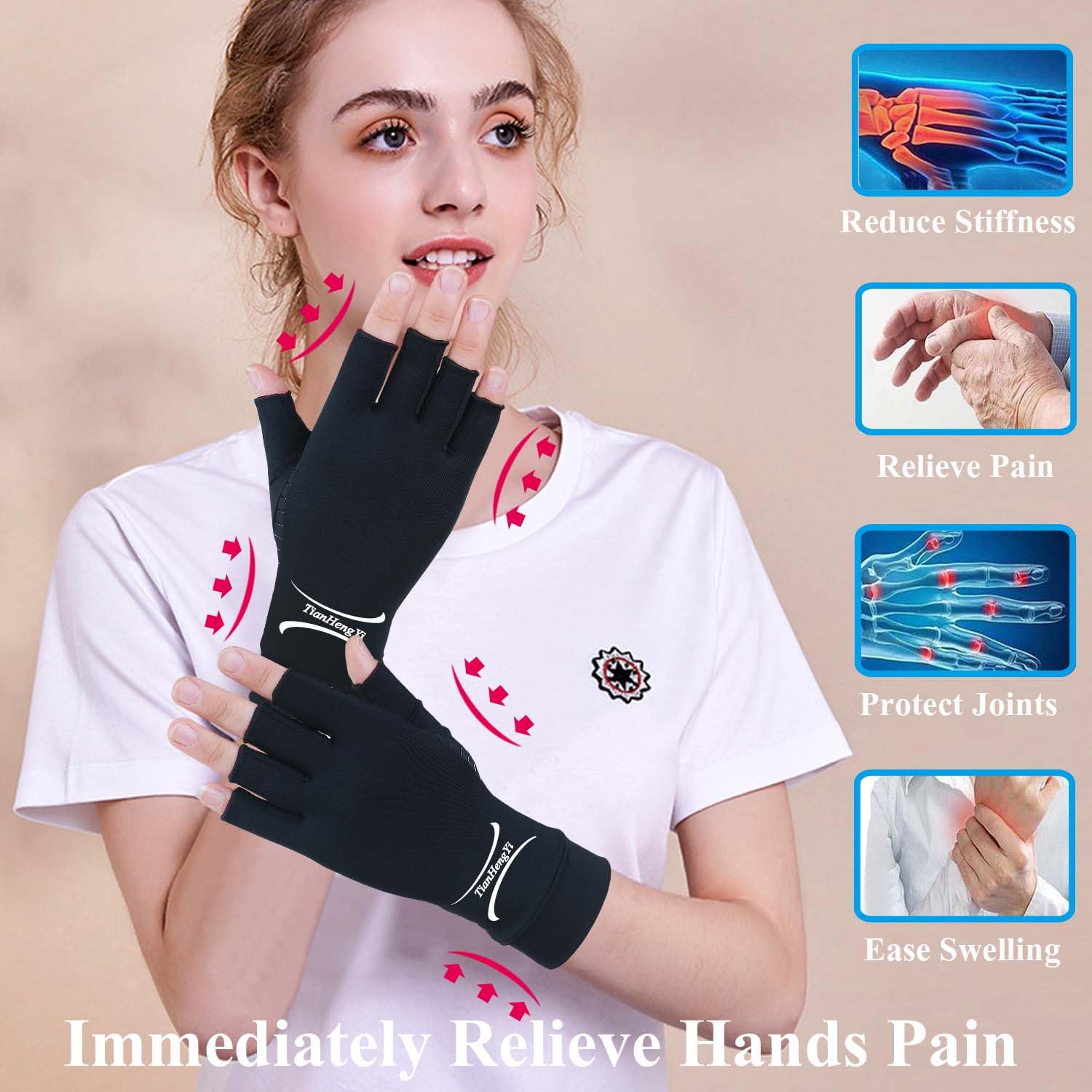 2 Pairs Copper Arthritis Gloves for Women, Compression Gloves for Men for Pain, Fingerless Hand Gloves for Carpal Tunnel, Crochet, Relieve Pain, Swelling, Support Wrist and Joint, Typing (Medium)