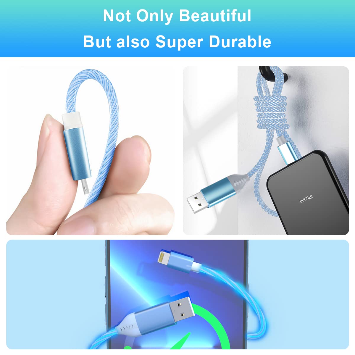 2M/6FT Flowing LED Light Up Lightning Charge Cable,Glowing Apple Charger Adapter Sync Data Connector Cord for Car with iPhone 13/12 Pro Max /11 Pro/XR/XS Max/X/8 7 SE 2020,iPad/iPod (Blue)