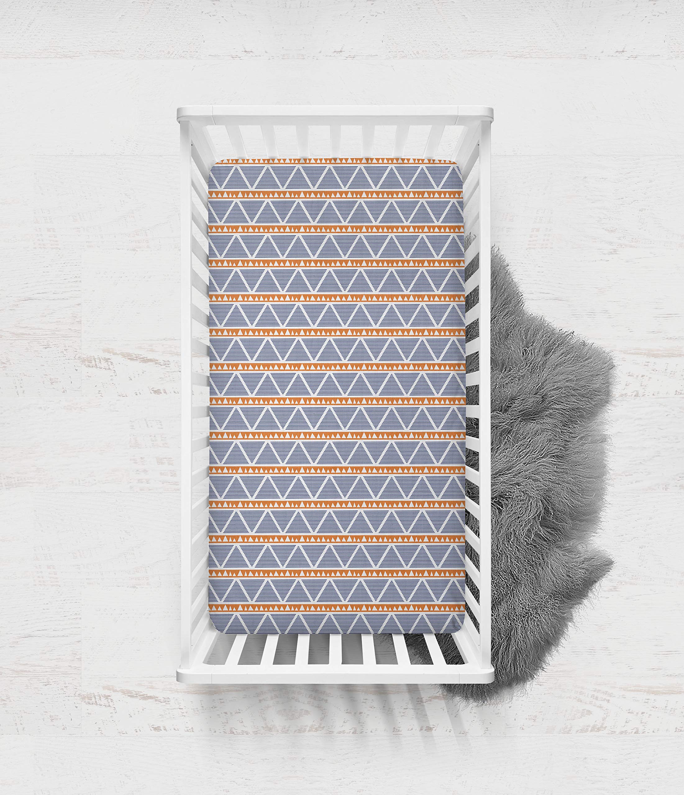 Bacati - 2 Pack Tribal/Aztec/Triangles Silky Soft Breathable 100% Cotton Muslin Baby Crib Fitted Sheets - Fits Standard 28 x 52 x 5 Crib & Toddler Mattresses (Orange/Navy Large Triangles)