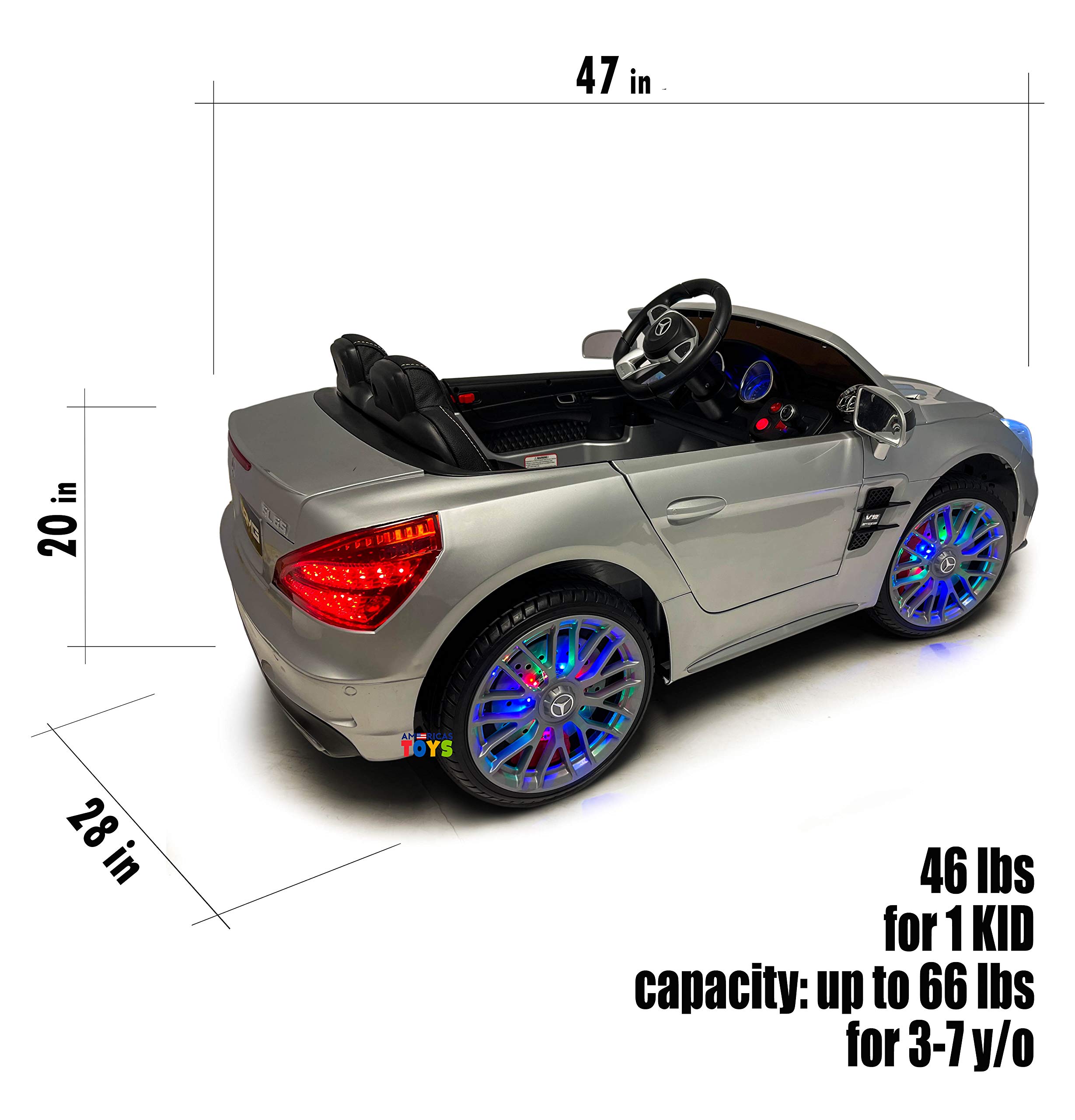 Americas Toys Kids Car with Remote Control, Mp4 Touch Screen, LED Wheels, Leather Seat – Electric Car for Kid to Drive, Open Trunk, Pull Handle, Compatible with Mercedes Benz Painted Silver