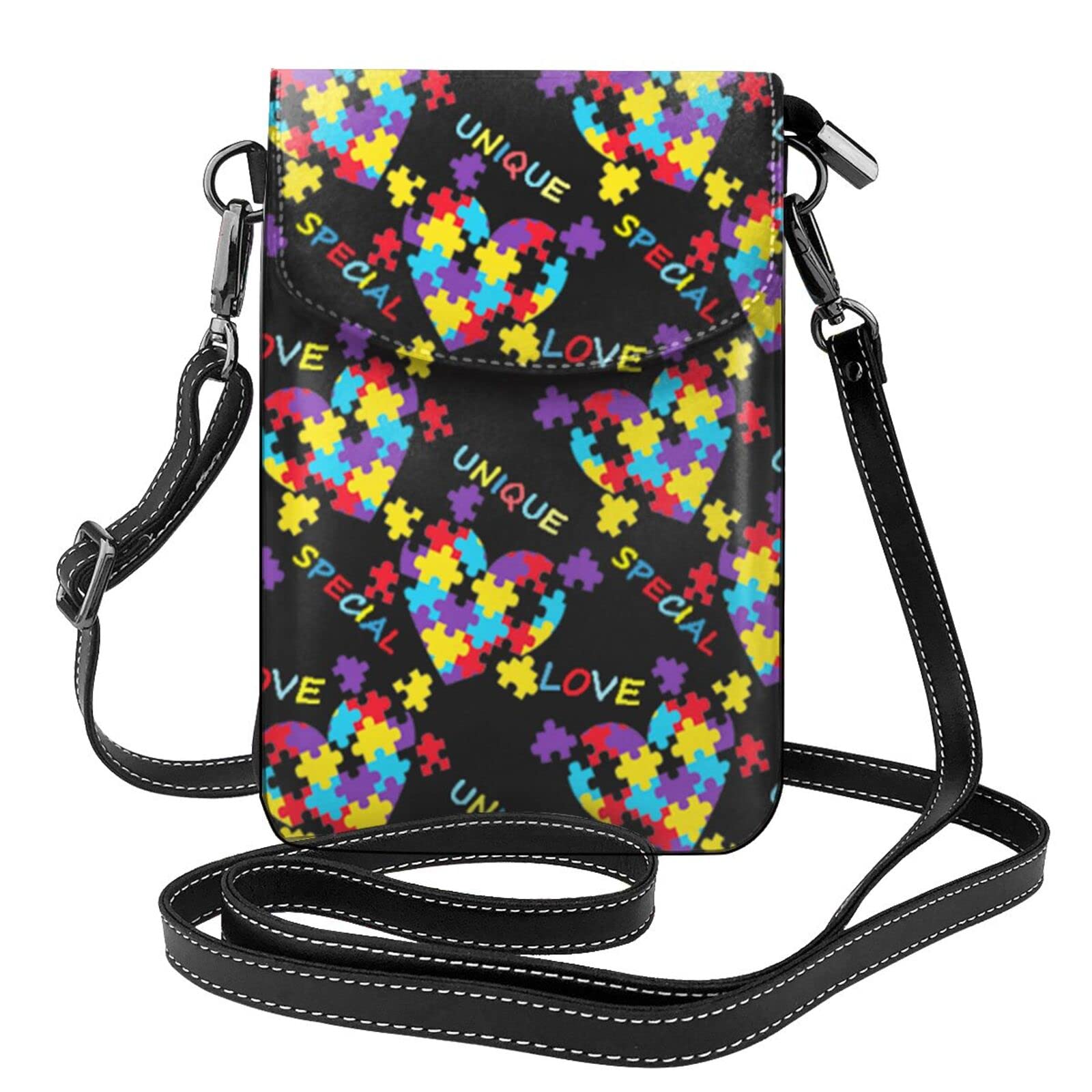 Aiyoolee Womens Small Crossbody Bag Colorful Autism Awareness Puzzle Pieces Heart Black, Smart Phone Pouch, Soft Leather Shoulder Bag for Passports Coin Card with Zipper and Adjustable Strap
