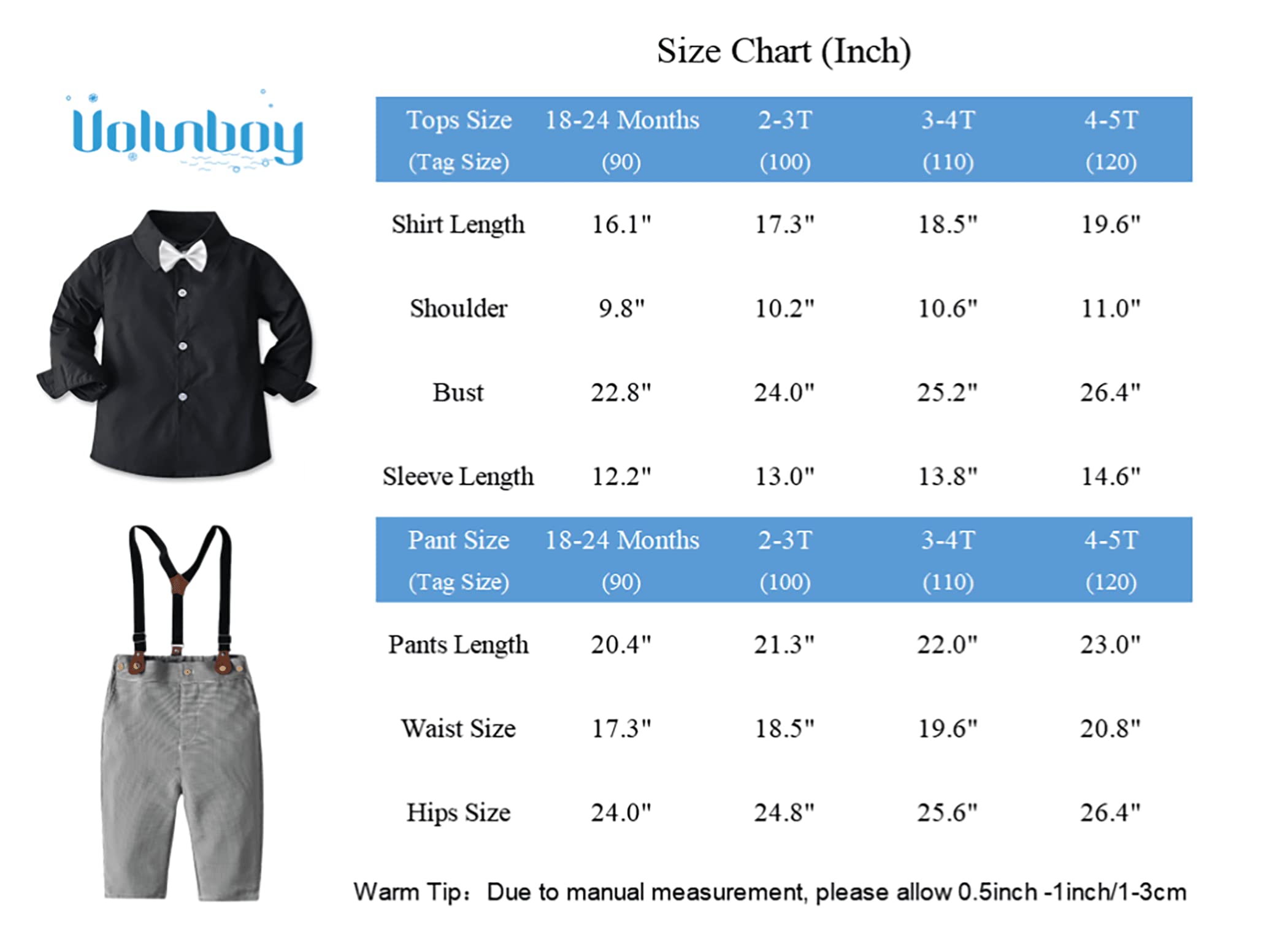 Volunboy Boys Clothes Set Toddler Gentlemen Wedding Suit Long Sleeve Bow Tie Shirts Suspenders Pants Ring Bearer Outfits (Black, 2-3T)