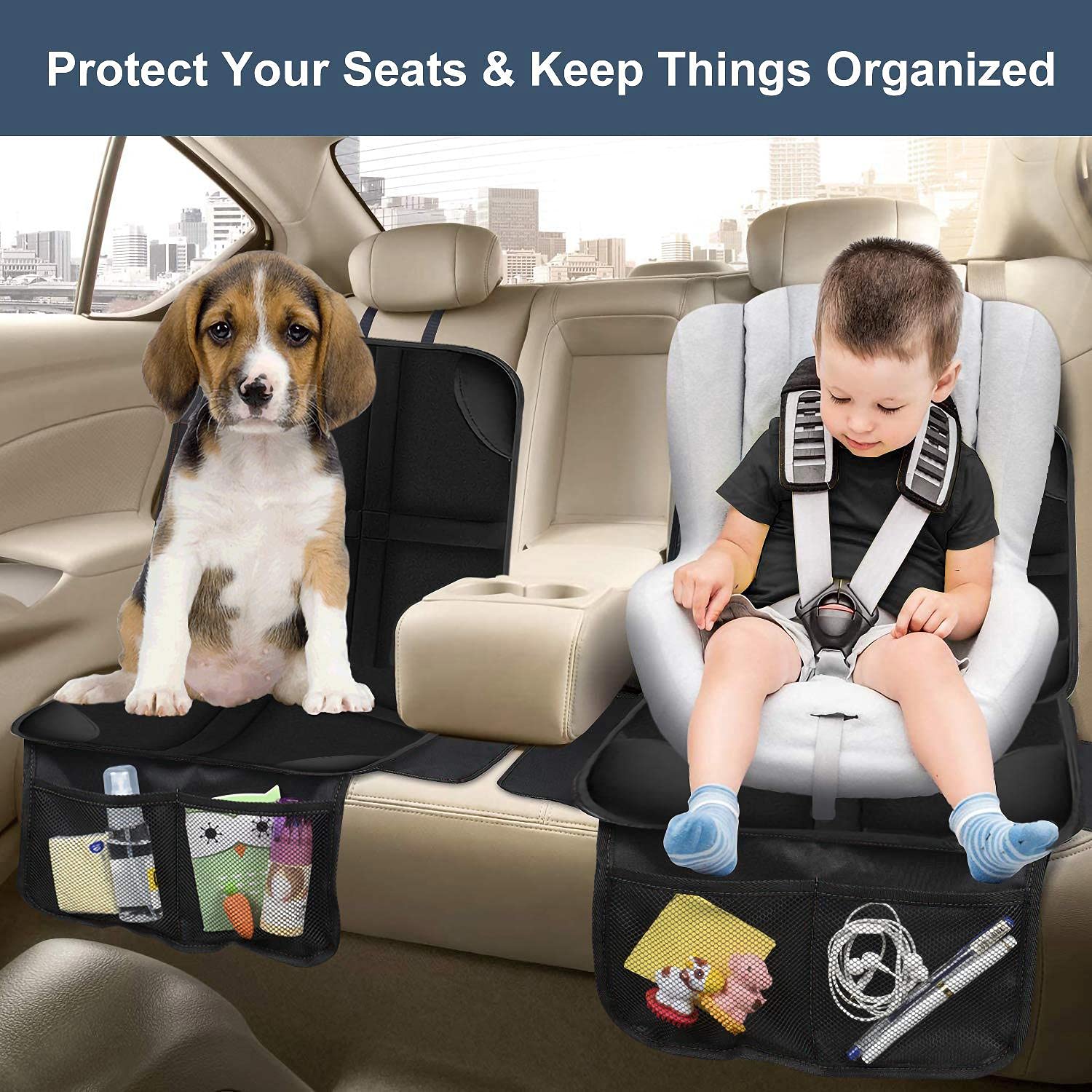 RAIFUJOIE Car Seat Protector for Kids 2 Pack with Non-Slip Function and Seat Side Wings Made of Anti-Stain and Water Proof Durable Oxford and PVC Material Suitable for Most Vehicles