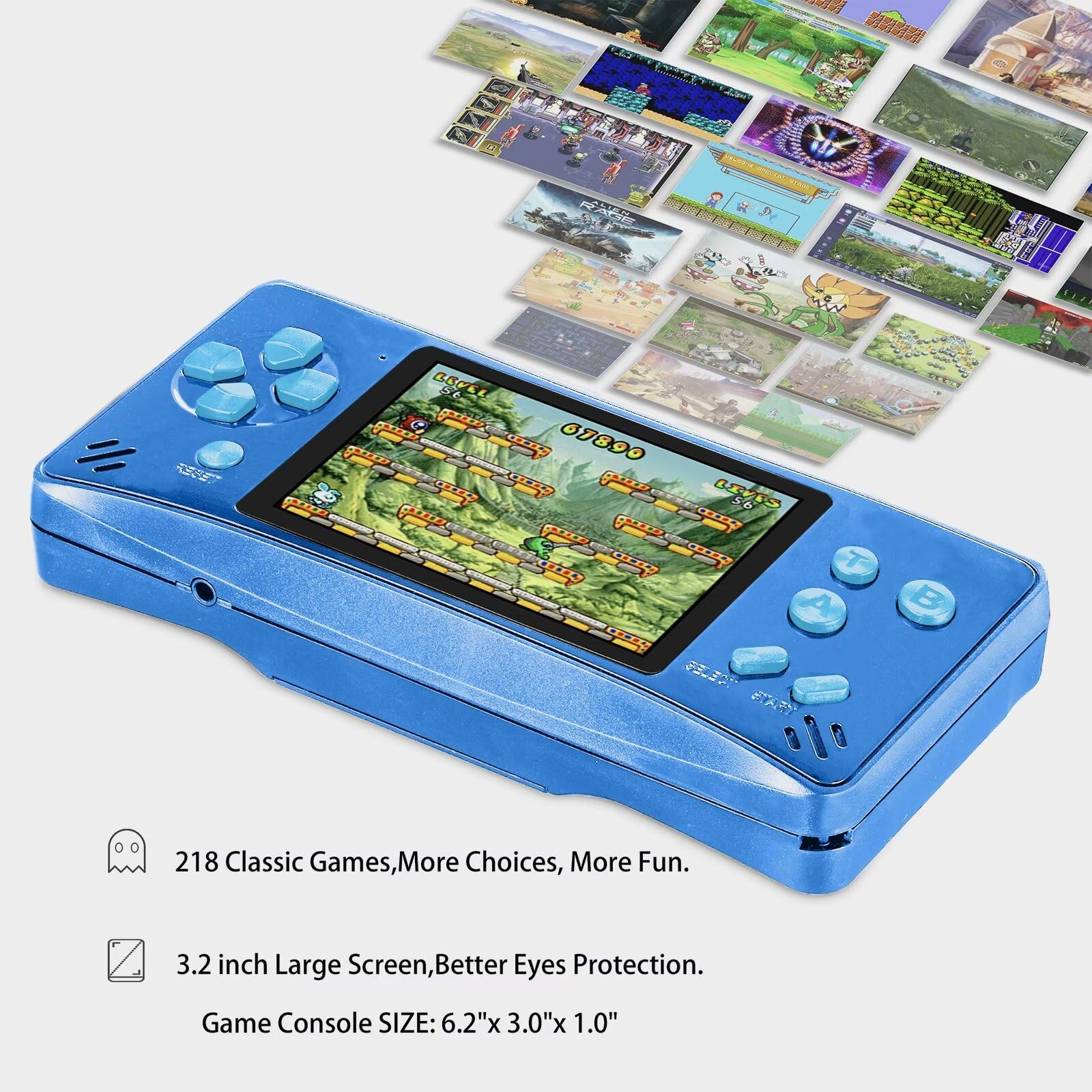 3.2" Large Screen Electronic Handheld Games for Kids Built-in 218 Classic Retro Video Games USB Rechargeable Arcade Gaming Player System Best Road Trip Partner for Boys 4-12(Blue)