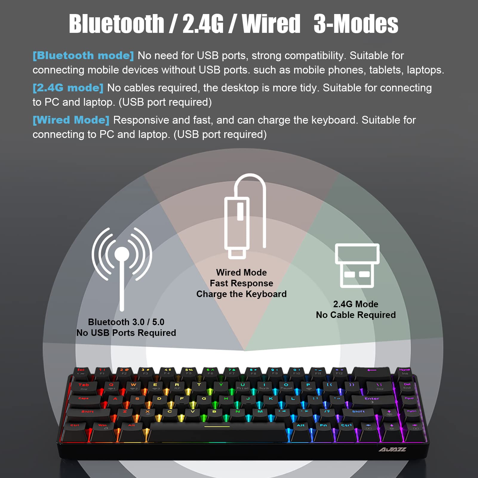 Ajazz K685T Wireless 60% Mechanical Keyboard, Bluetooth/2.4G/Wired Multi-Mode, RGB Backlight, N-Key Rollover 68 Keys, Hot Swap Switch, Compatible for Multi-Device Connection (White, Brown Switch)