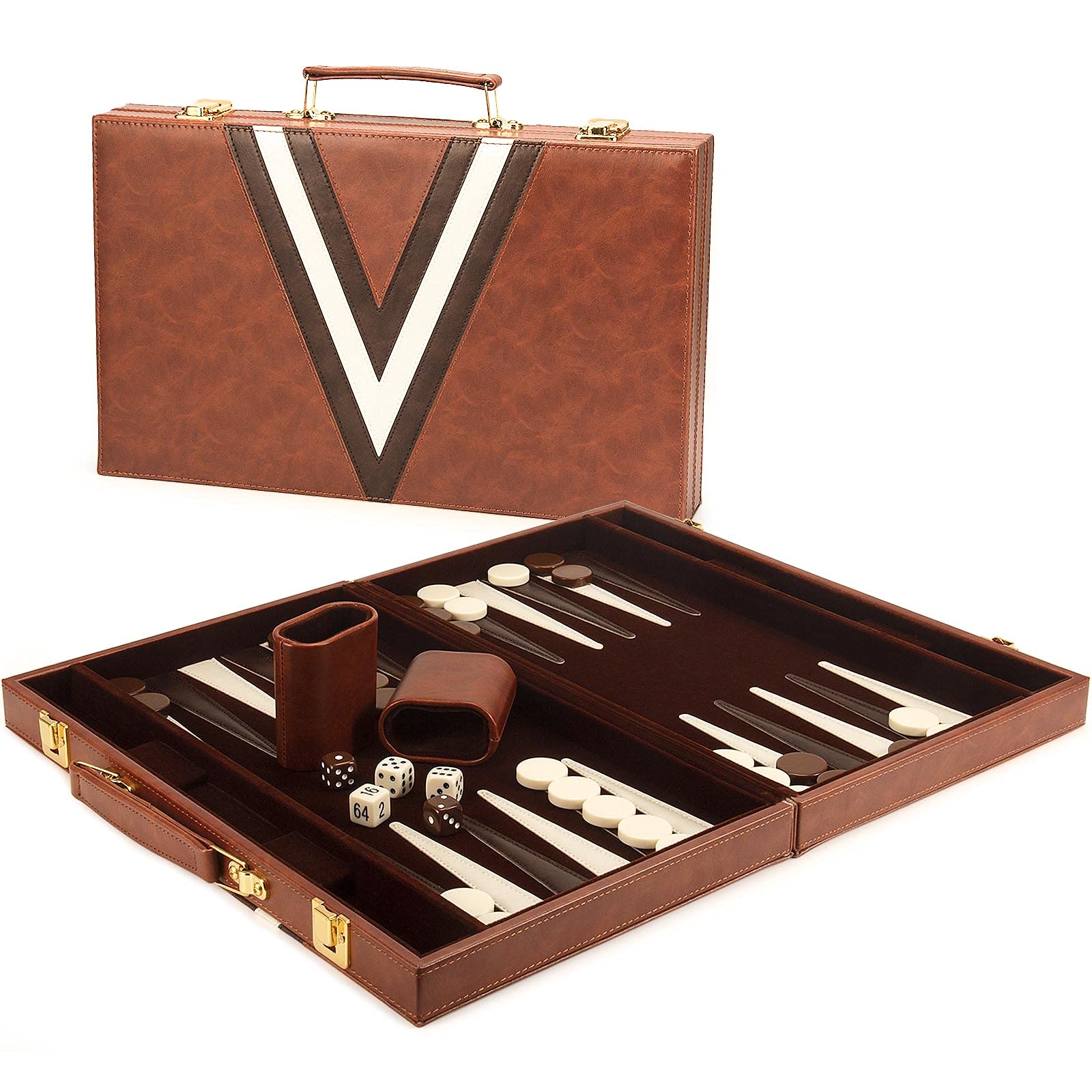 AMEROUS Backgammon Set, 15'' Folding Classic Board Game with Leather Case, Gift Package, Instruction, Portable Travel Strategy Backgammon Game Set for Adults, Kids