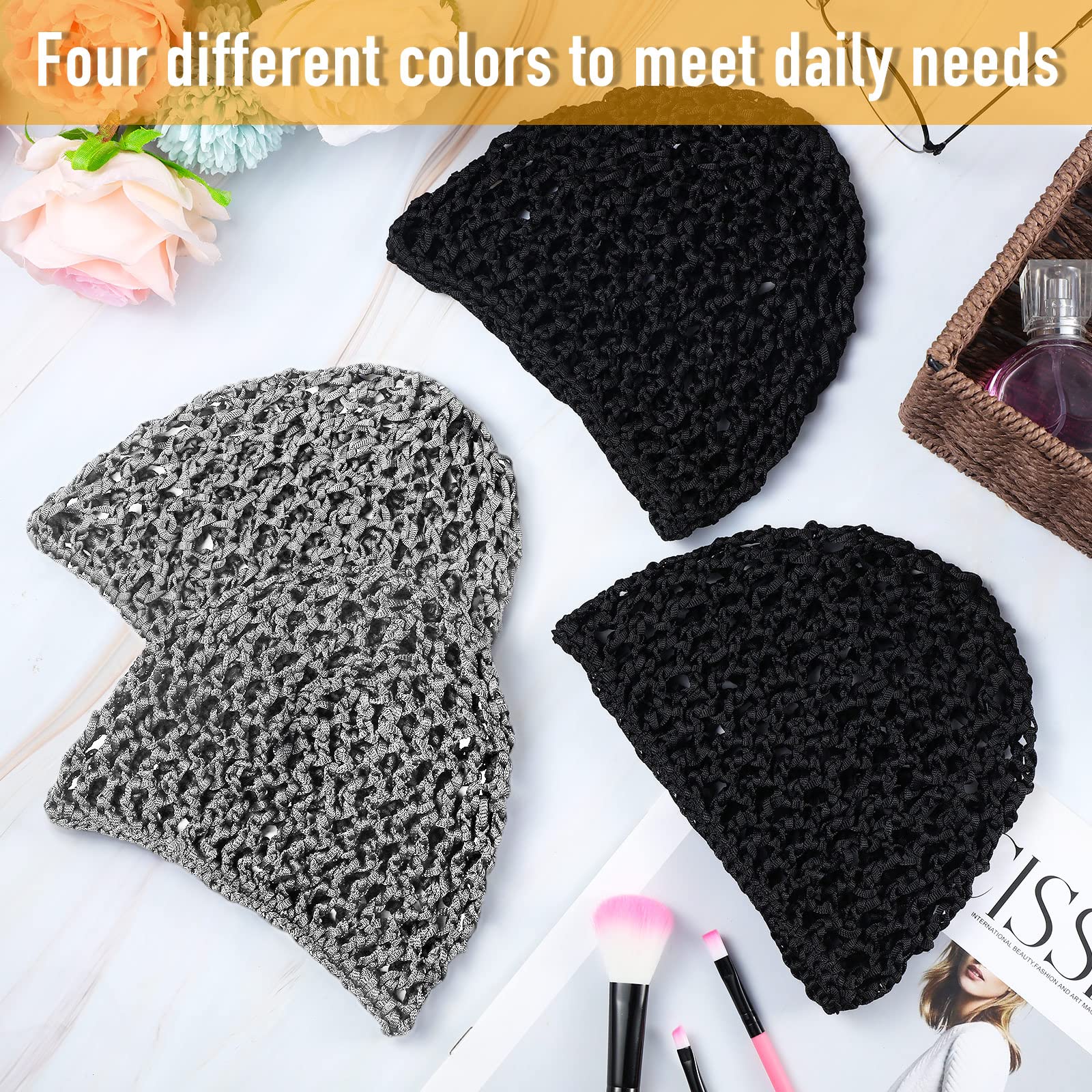 2 Pieces Mesh Crochet Hair Net Rayon Knit Snood Hat Cover Crocheted Sleep Cap for Women (Black, Gray)