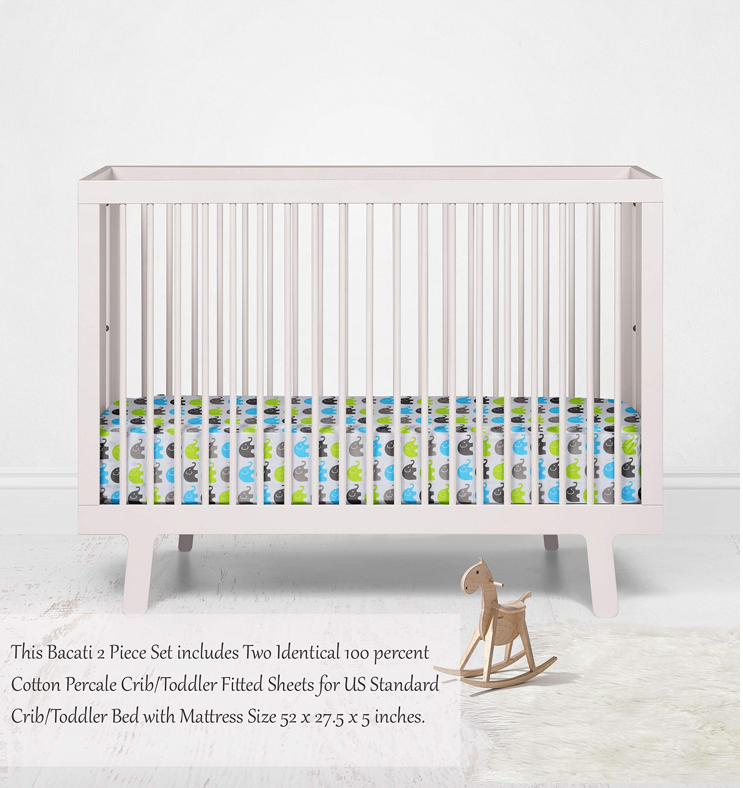 Bacati - Elephant Aqua, Lime, Grey 100% Cotton Percale 2 Pack Baby Crib & Toddler Bed Fitted Sheets