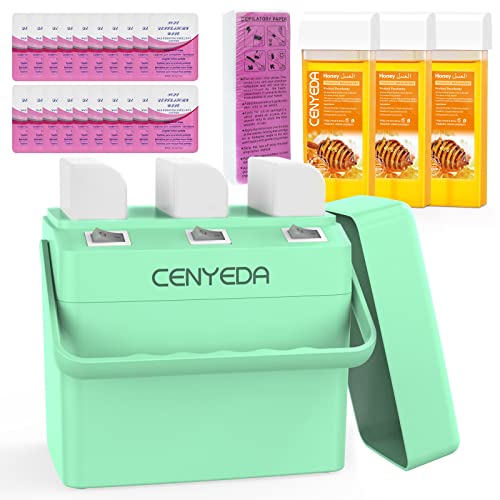 3 IN 1 Roll On Waxing Kit, CENYEDA Hair Removal Triple Roll-On Wax Warmer with 3 Honey Wax Cartridge Depilatory Wax Roller Refill for Legs Arms and Underarm, Upgrade Heating System-Just 13 Mins(Green)