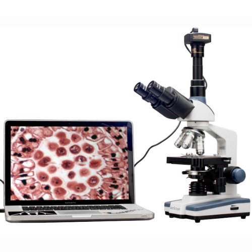 AmScope T120B-9M Digital Professional Siedentopf Trinocular Compound Microscope, 40X-2000X Magnification, WF10x and WF20x Eyepieces, Brightfield, LED Illumination, Abbe Condenser with Iris Diaphragm, Double-Layer Mechanical Stage, 100-240VAC, Includes 9MP