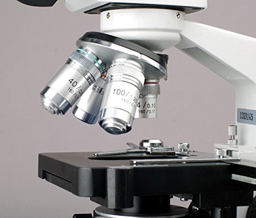 AmScope T120C Professional Siedentopf Trinocular Compound Microscope, 40X-2500X Magnification, WF10x and WF25x Eyepieces, Brightfield, LED Illumination, Abbe Condenser with Iris Diaphragm, Double-Layer Mechanical Stage, 100-240VAC
