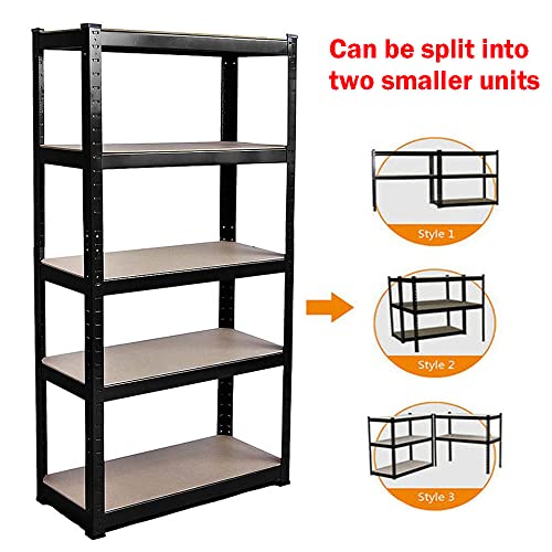 AUTOFU Garage Shed Kitchen Storage Racking Shelving Unit 77x39x20inch(H*W*D) Adjustable 5 Shelf Metal Shelves Boltless Assembly System Easy to Set Black