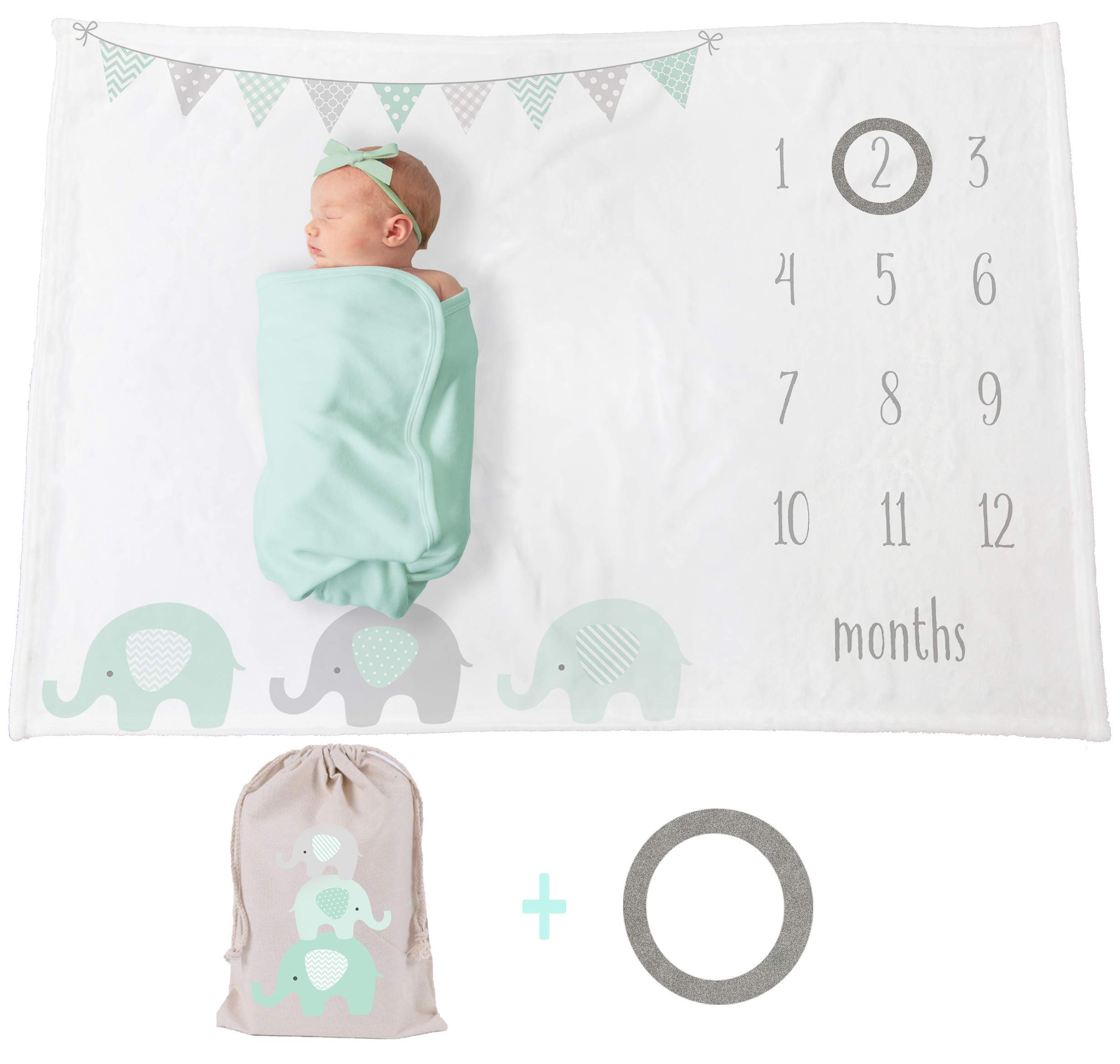 Elephant Milestone Baby Blanket for Girl or Boy with Canvas Bag and Marker - 60" x 40"