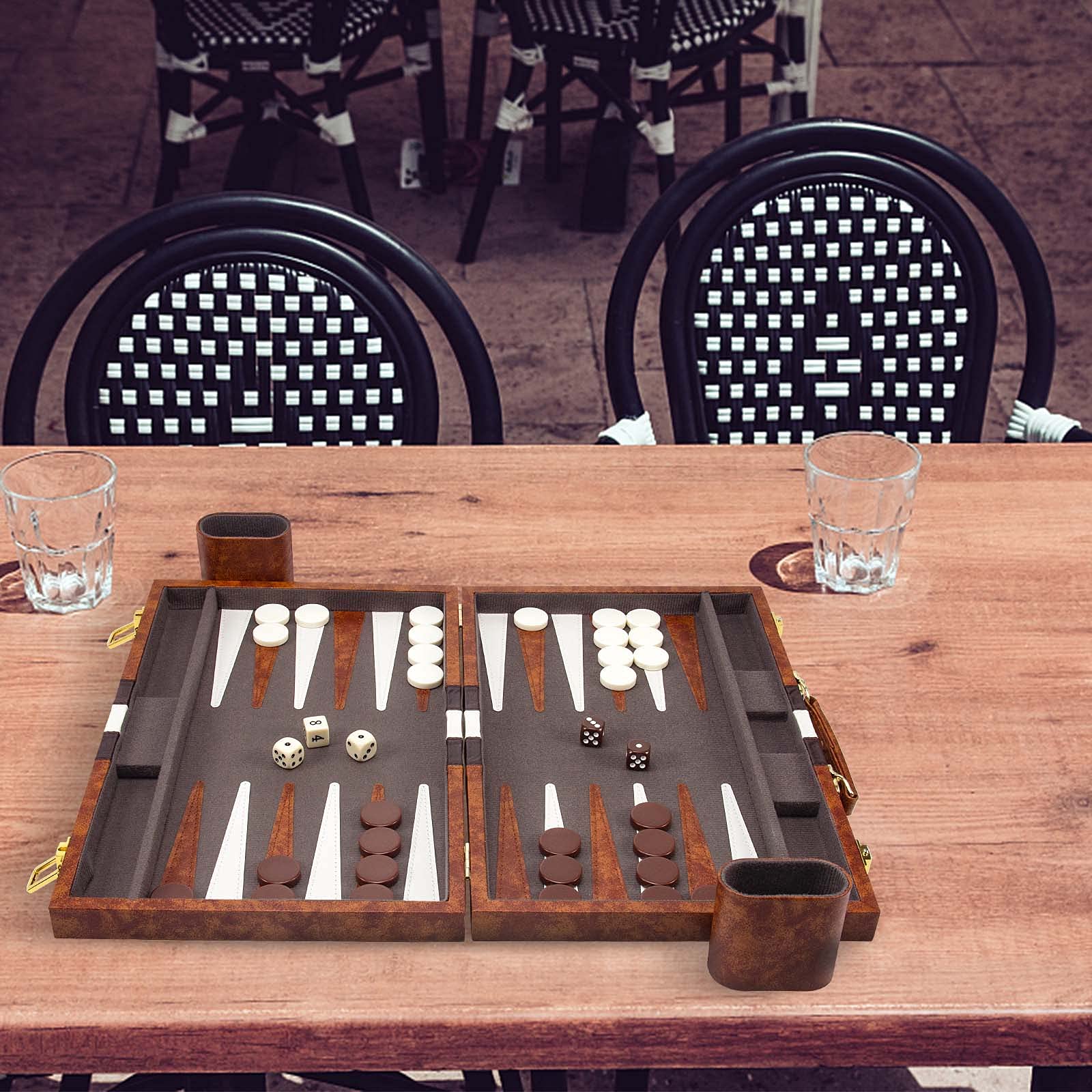 AMEROUS Backgammon Set, 15 Inches Classic Board Game with Leather Case, Folding Board, Gift Package, Portable Travel Strategy Backgammon Game Set for Adults, Kids (Medium, Brown)