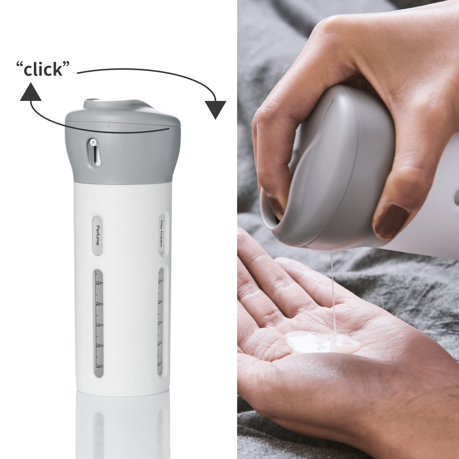 2 Pack 4 in 1 Travel Dispenser Bottle Leak Proof Container for Toiletries,Lotions,Shampoo,Conditioner,Sunscreen Cream.TSA Approved.Airplane Carry-on.(Pink+Gray)