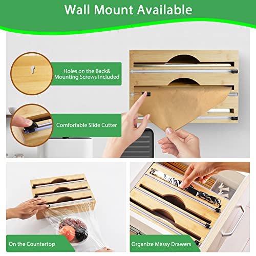 3 in 1 Wrap Dispenser with Cutter and Labels,Foil and Plastic Wrap Organizer for Kitchen, Storage Organizer for Aluminum Foil and Wax Paper,Wall Mount Bamboo Roll Organizer Holder,Send Slide Knife
