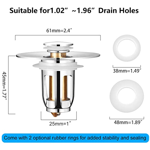2 PACK Universal Bathroom Sink Stopper,Pop Up Sink Drain stopper No Overflow Sink Drain Plug With Filter Basket,Bounce Bullet Anti Clogging Bathtub Sink Plug for 1.02-1.96 inch Drain Holes