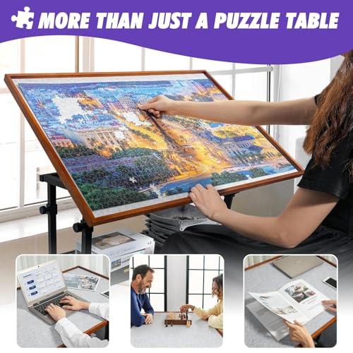 Sunix 1500 Pieces Jigsaw Puzzle Table with Legs, 36"x26" Adjustable Height Puzzle Board with Cover & 6 Sorter Tray, 12-Tilting-Angle Portable Wooden Puzzle Table for Adults