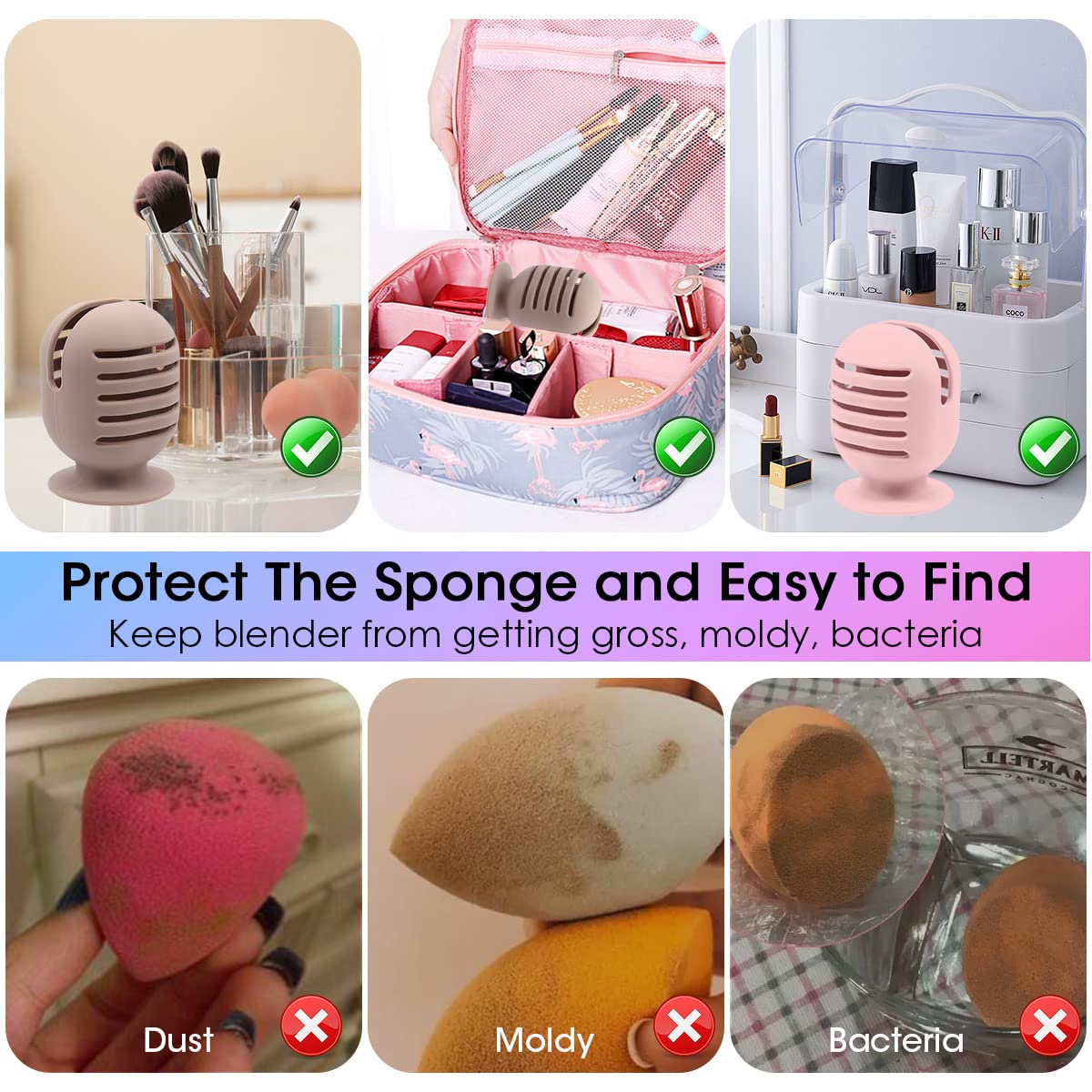 2Pack Makeup Sponge Holder,Silicone Beauty Blender Holder Case for Travel,Suctioned Drying Stand Makeup Sponges Protective Carrying Case Holders Organizer for Makeup Portable Soft-Pink,Khaki