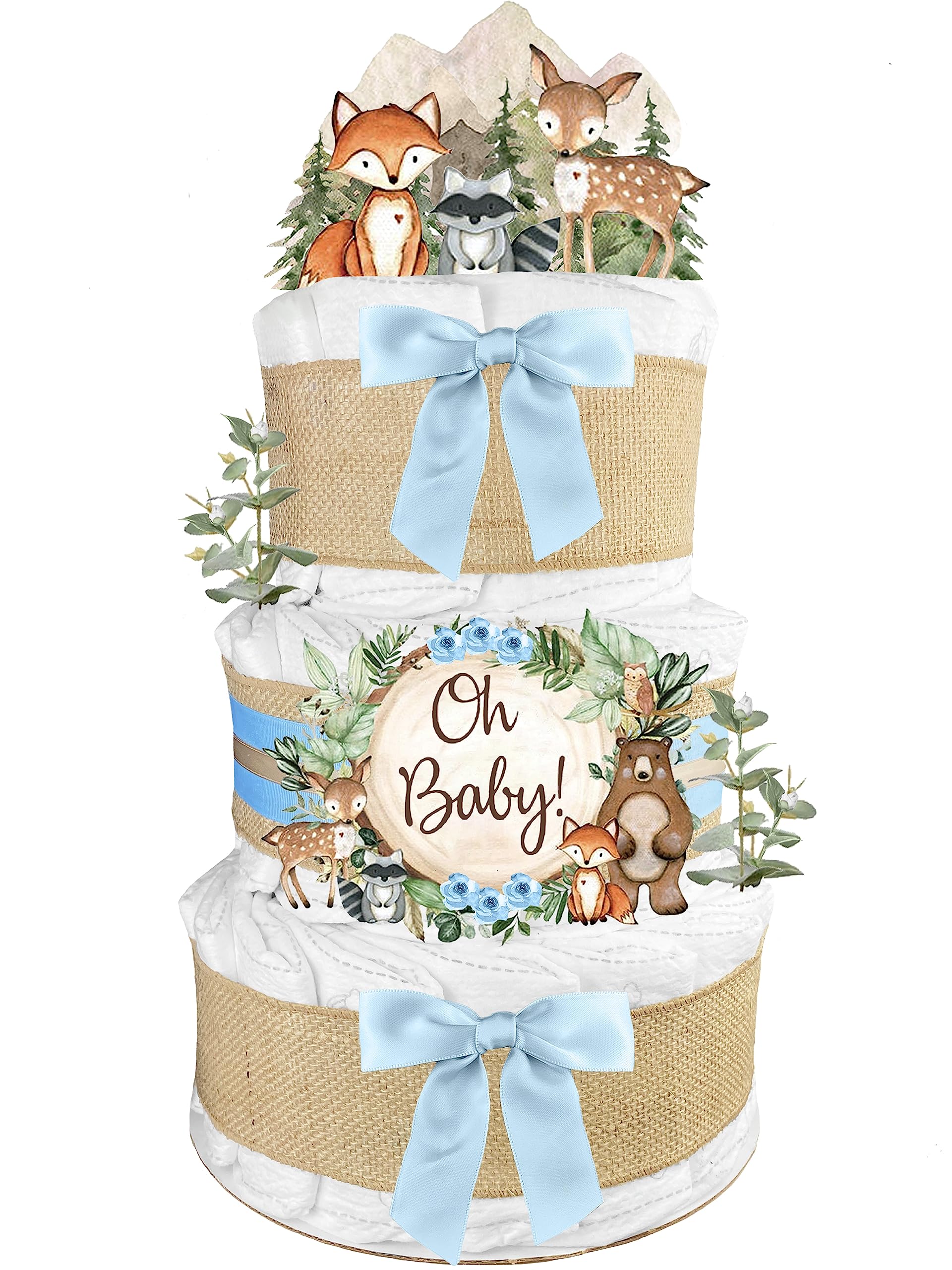 Woodland Creatures Diaper Cake - Baby Gift for a Boy - Burlap and Blue