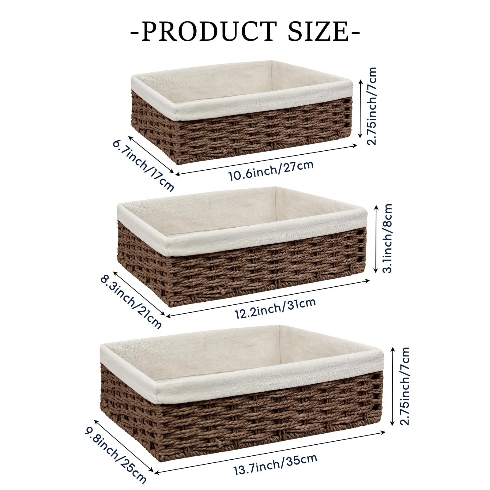 3 PCS Handmade Wicker Baskets for Organizing Storage Basket Set, Boho Decorative Bins, Over Toilet Paper Reserve Holder for Closet, Bedroom, Bathroom, Entryway, Office (grey)