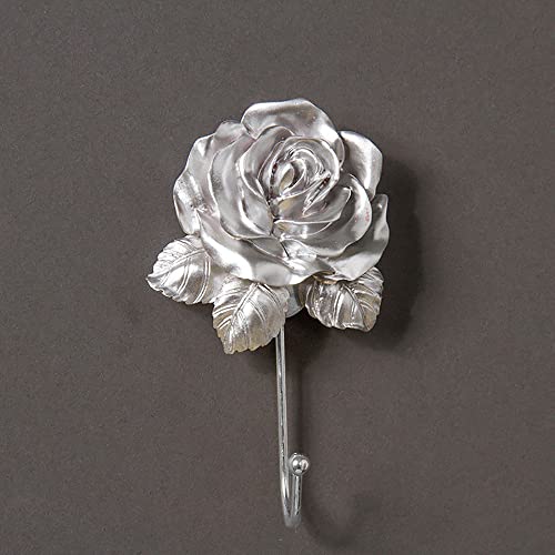 MDPLY Classic Rose of Pastoral Coat Hook Wall Mounted Wall Decor Durable Handmade Resin Decorative Robe Hook, Scarf, Bag, Towel, Hat etc for Kitchen Bathroom Office (Silver)