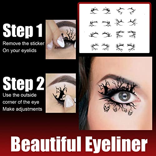 16Pcs Halloween Eyeshadow Eyeliner Sticker Spider Web Skull Bat Eye Shadow Decals for Women Halloween Masquerade Party Face Eye Realistic Makeup 3D Self- Adhesive Eye Art Decoration Tools