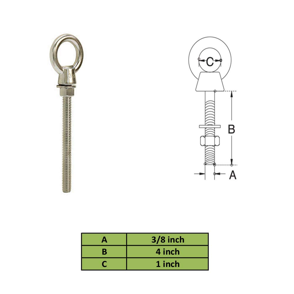 3/8 Inch x 4 Inch Stainless Steel Marine Shoulder Eye Bolt Fully Capacity 1,000 Pounds
