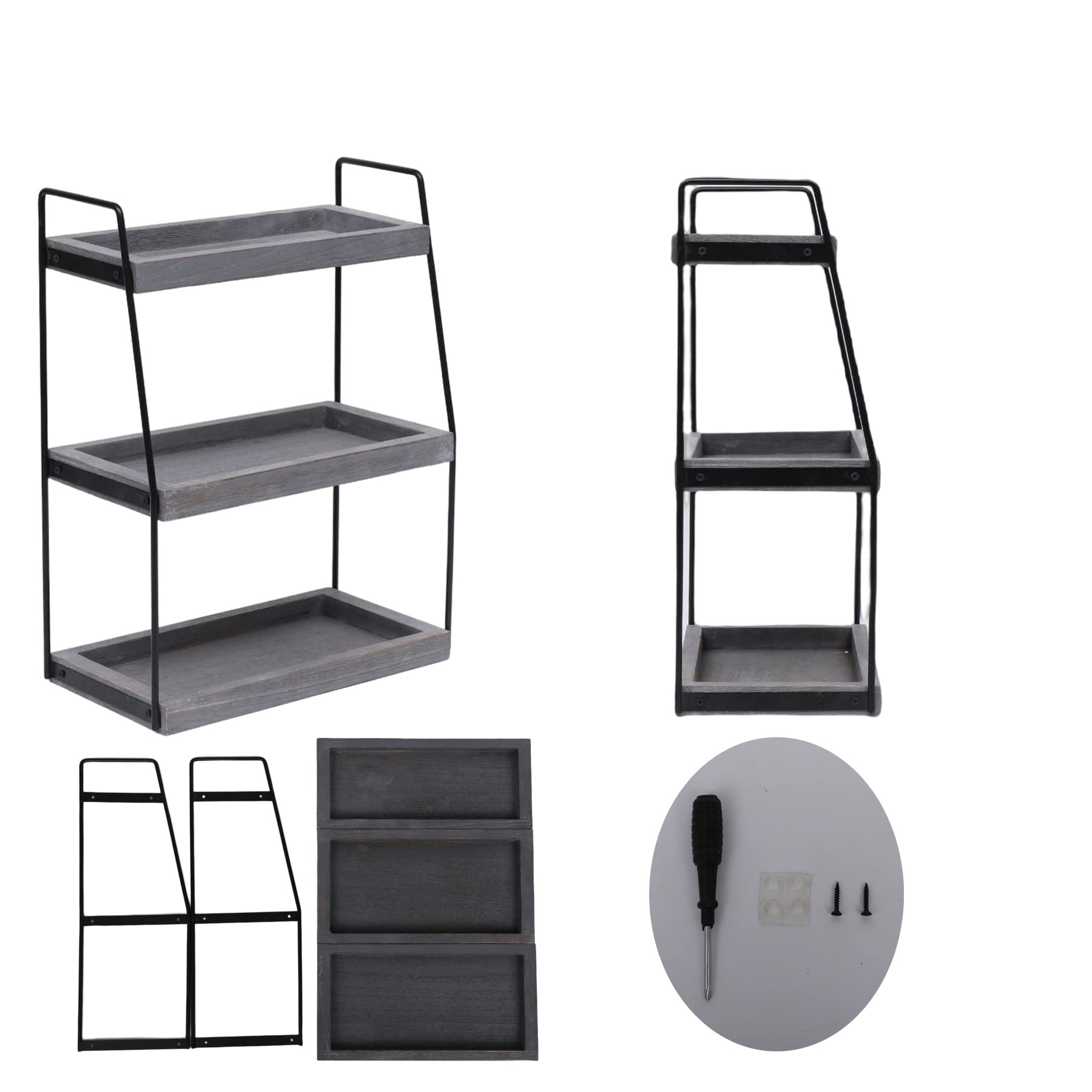 3-Tier Wood Storage Organizer for Restroom & Kitchen & Coffee Bar, Bathroom Sink Organizer Countertop, Bathroom Vanity Counter Top Organizers, Spice, Skincare, Perfume Rack, Detachable - Black
