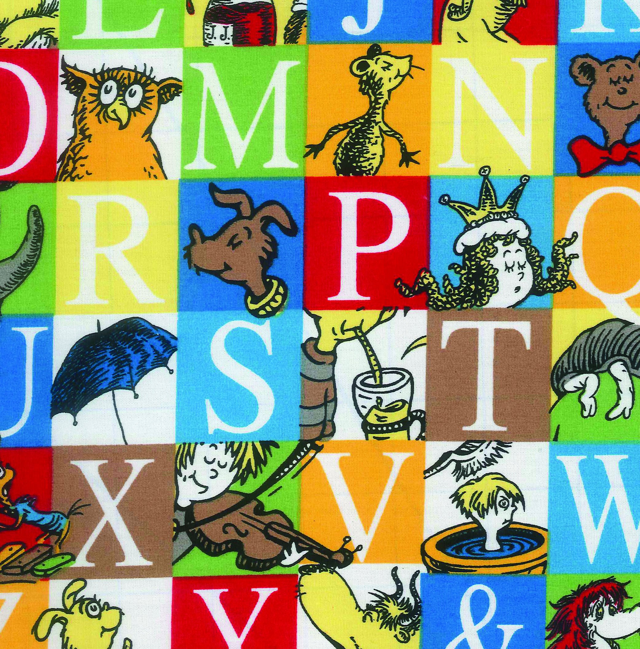 Alphabet Seuss Squares Fitted Crib Sheet-Alphabet Squares Print Cotton; Blue, Yellow, Green, Red, Brown, White; Fully Elasticized; 8 in Deep Pockets; Fits Standard Crib Mattress 28 in x52 in
