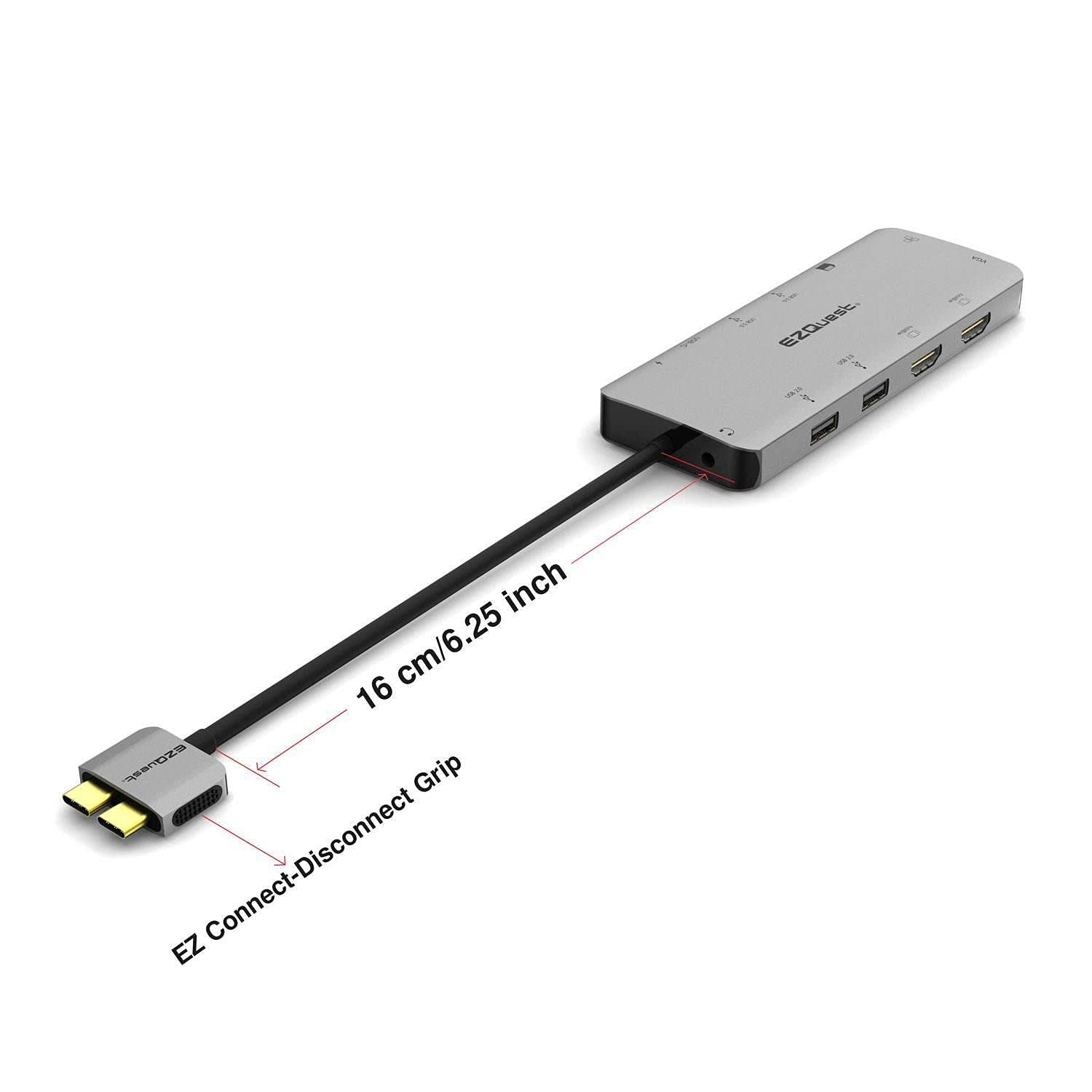 EZQuest USB C Hub 13 in 2 with 2 HDMI 4K, VGA, 1GBS Ethernet, 2USB A 3.0 Ports, 2 USB A 2.0 Ports, SD/Mico SD and Audio Port for Work and Travel - for MacBook Pro & Air