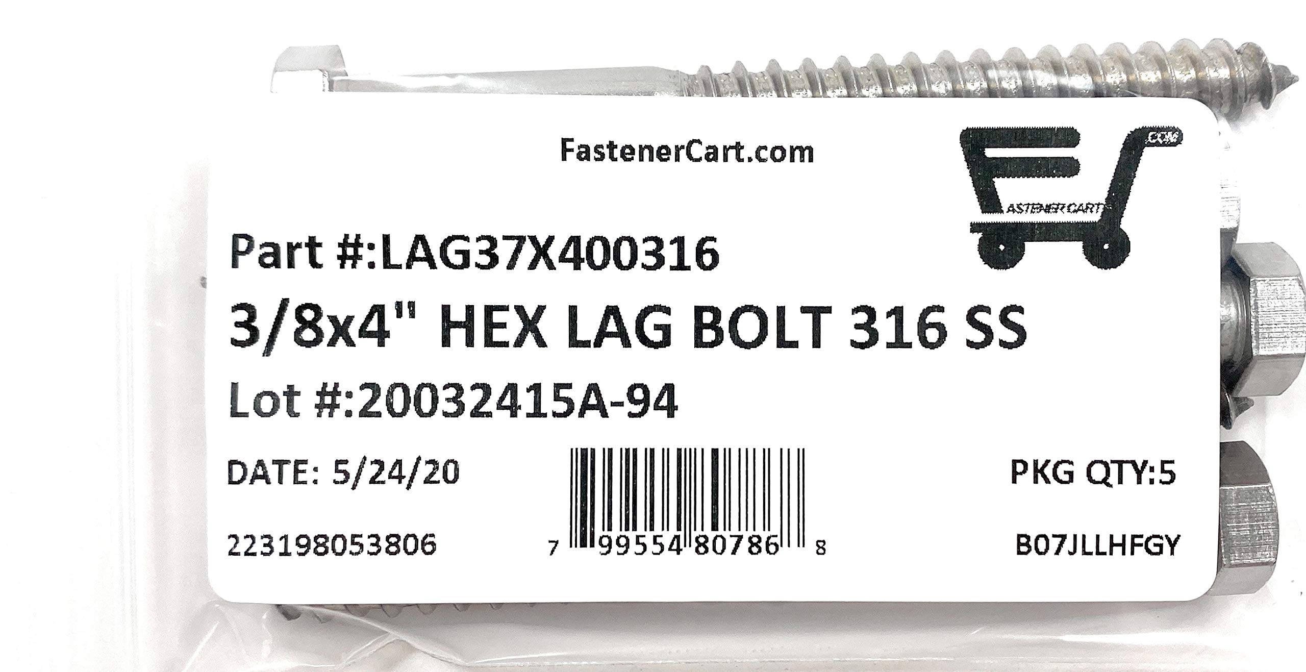 3/8 x 4 316 Stainless Steel Hex Head Lag Bolts Lag Screws Marine Grade (5 Pieces)