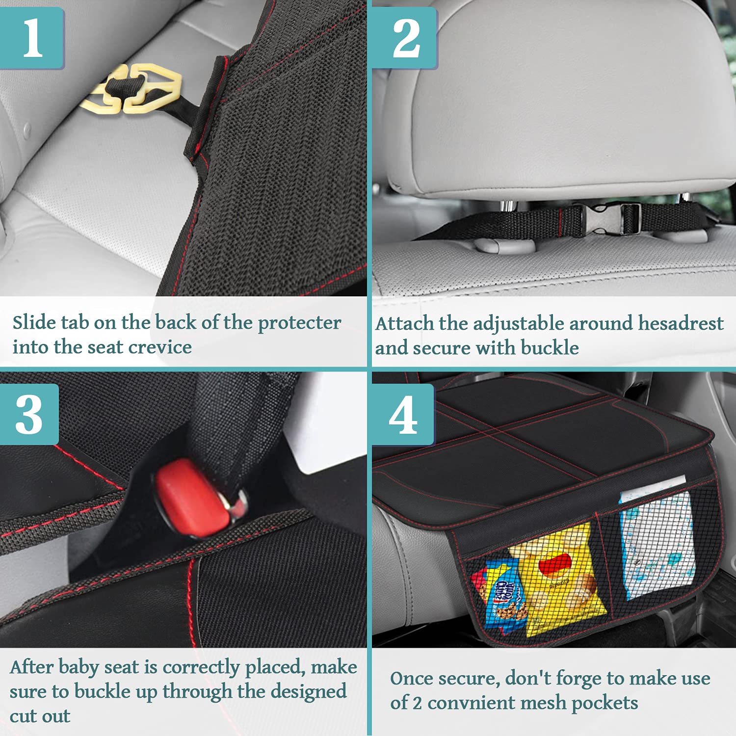 DOVODA Car Seat Protector, 2 Pack Large Auto Seat Protectors Protect Child Seats with Mesh Pocket, Thickest Padding Pat Durable, Waterproof 600D Fabric, Child Car Seat Cover for SUV Sedan Truck