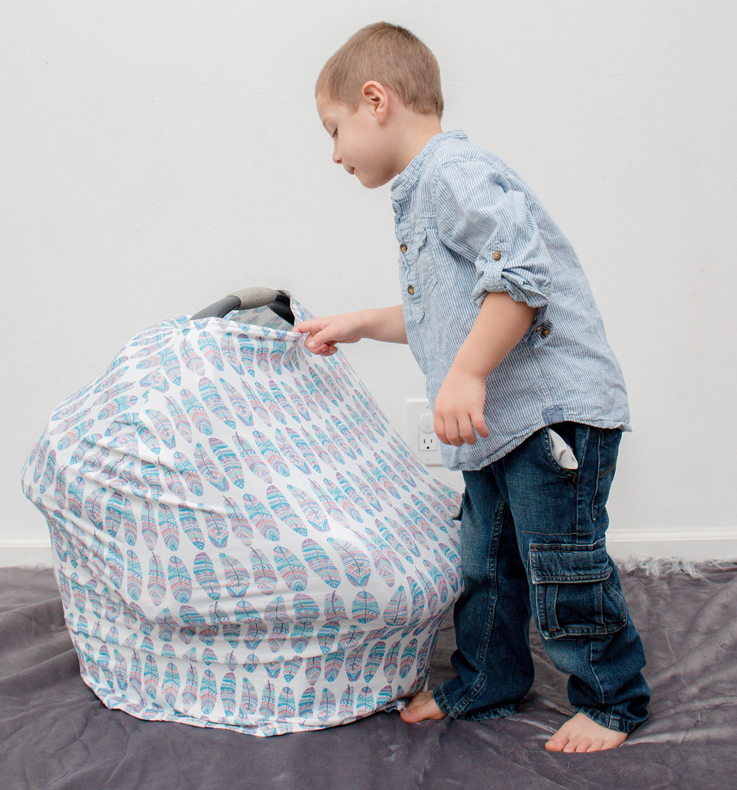 Baby Car Seat & Nursing Cover & Drawstring Carry Bag in Cute Feather Design Shower Gift Breathable Stretchy Universal 4 in 1 Multi-Use Infant Carseat Canopy Covers Shopping Cart High Chair Stroller