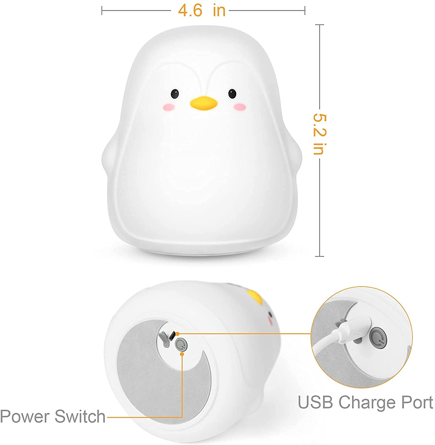Penguin LED Night Light, Cute Nursery Color Changing Night Light with Tap Control, USB Rechargeable Portable Squishy Silicone Soft Lamp Gifts Bedroom