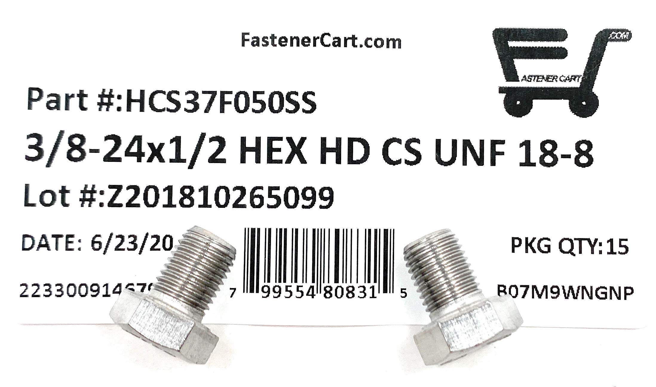 3/8-24x1/2 Stainless Steel Hex Cap Screws FT Hex Bolts 18-8 (UNF) FINE Thread (15 Pieces)