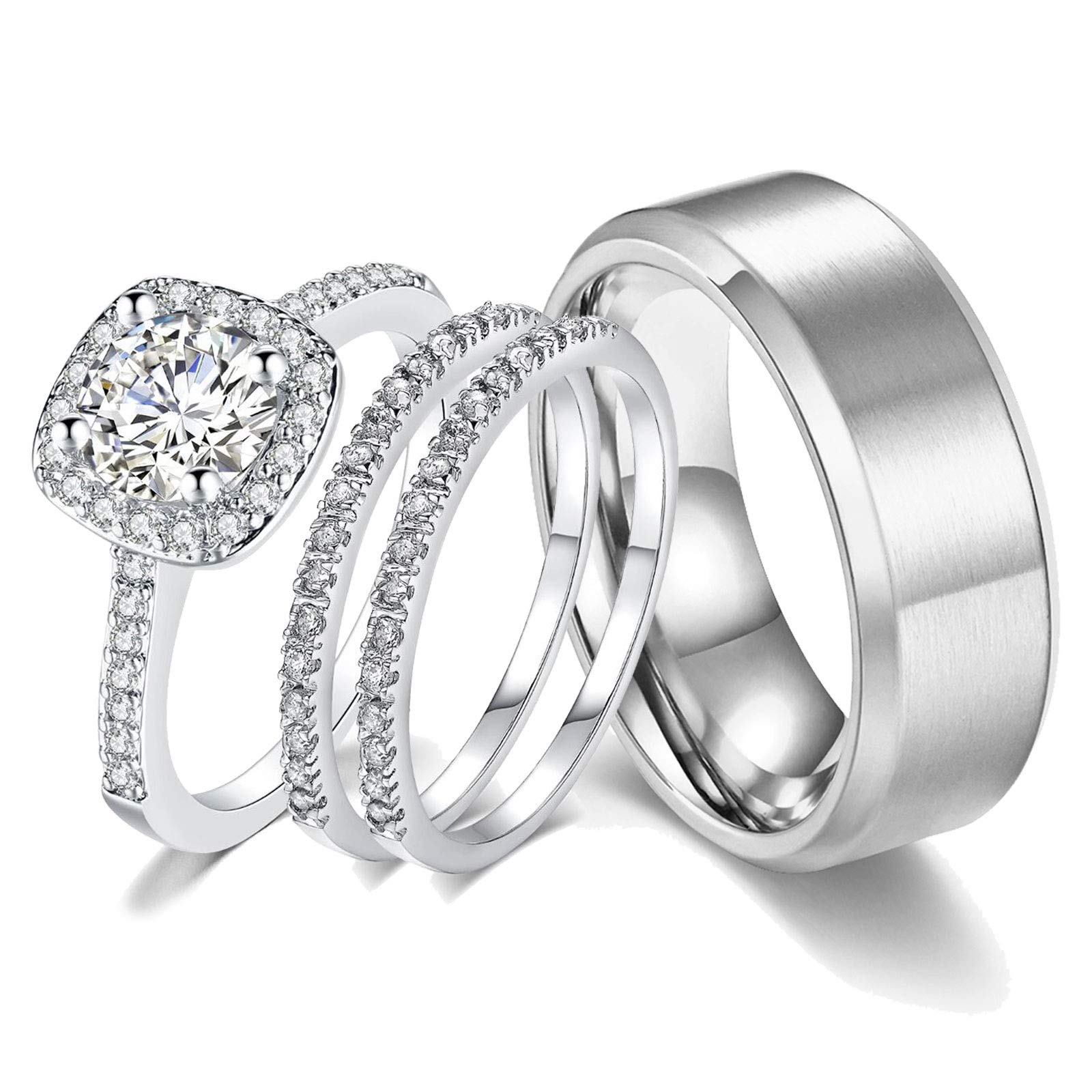 18k White Gold Plated Wedding Ring Sets for Him and Her Women Men Titanium Stainless Steel Bands 2Ct Cz Couple Rings Size 9&7