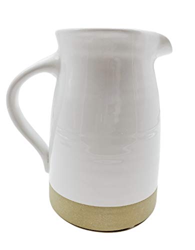 White Ceramic Pitcher | Vintage Rustic Farmhouse Vase | Ceramic Milk Jug | Flower Vase | Decorative Water Pitcher | White & Tan