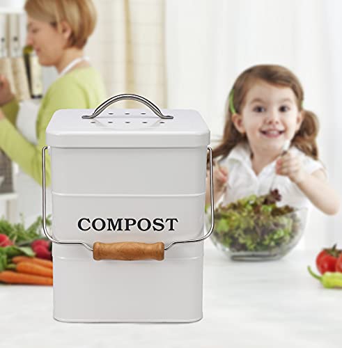 ayacatz Stainless Steel Compost Bin for Kitchen Countertop Compost Bin,1 Gallon, Kitchen Trash Can -Includes Charcoal Filter,Compost Bucket Kitchen Pail Compost with Lid -White